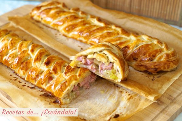 Trenza de hojaldre rellena de jamón, queso y puerros - Recetas de ...